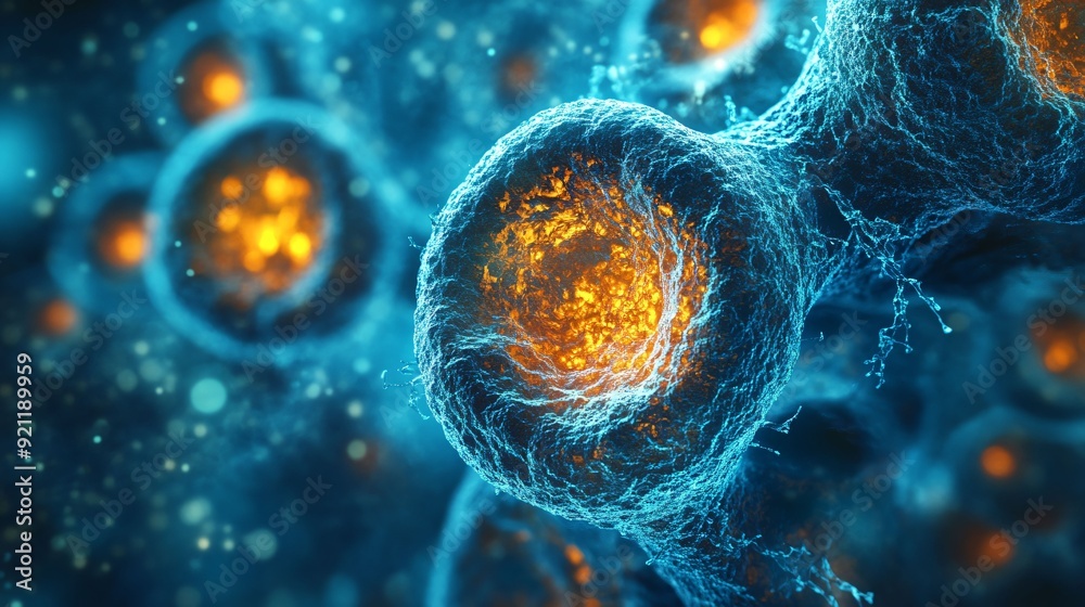High magnification image showcasing blue cells with glowing orange ...