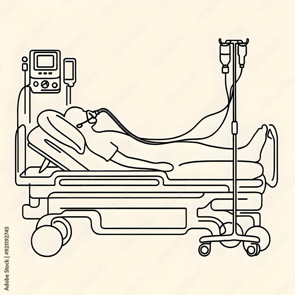 A cartoon icon depicting a patient in an ICU setting, lying on a ...