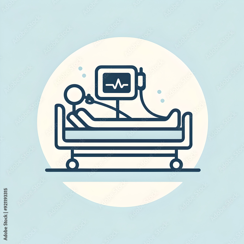 A cartoon icon depicting a patient in an ICU setting, lying on a ...