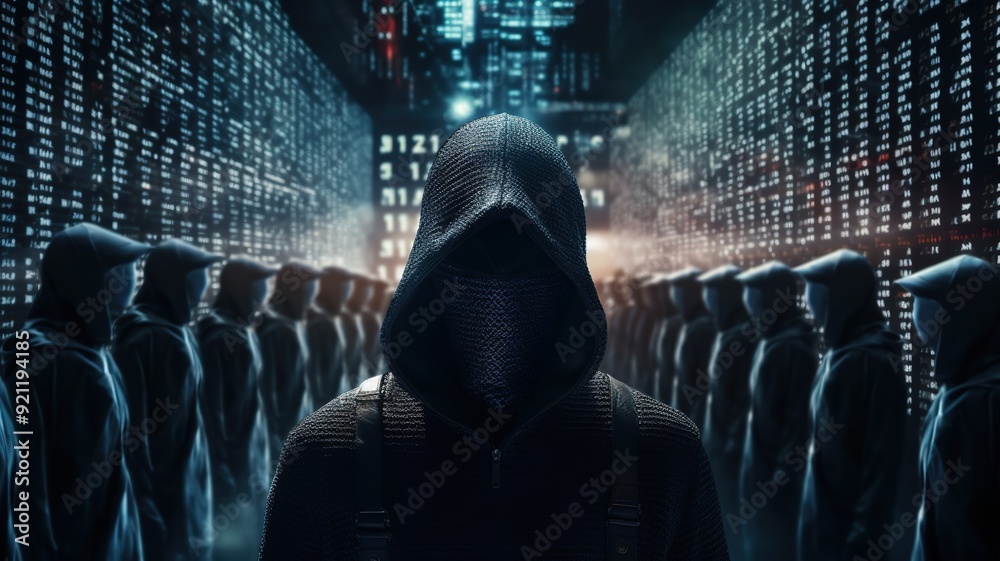 A digital heist in progress, depicted as masked cyber criminals ...