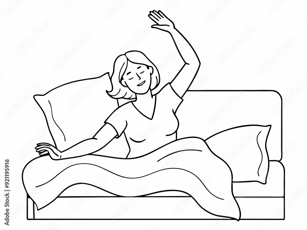 continuous single line drawing of woman stretching in bed after waking ...