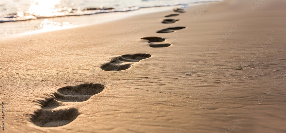 Footprints in the sand on a beach. A series of footprints lead towards ...