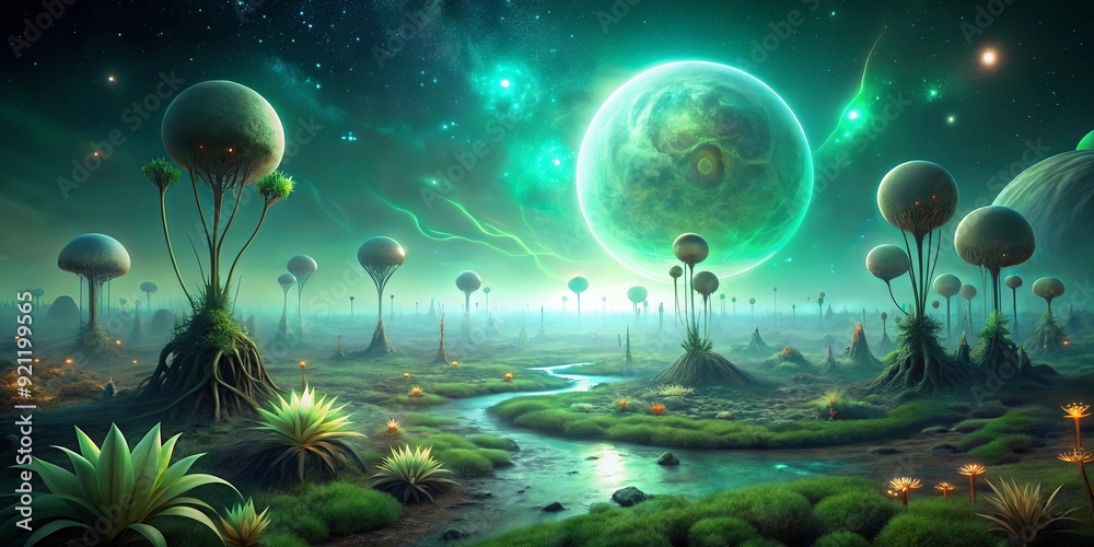 Otherworldly alien landscape with bioluminescent plants and multiple ...
