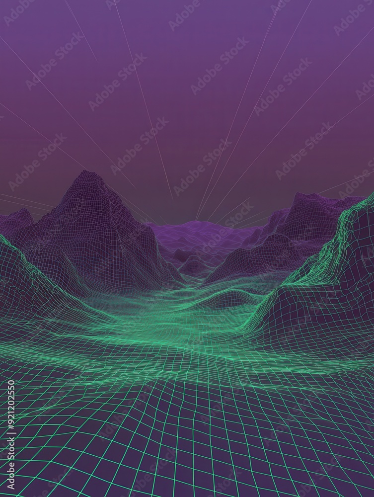 Digital Cubic Landscape with 3D Grid in Green and Purple Gradients ...