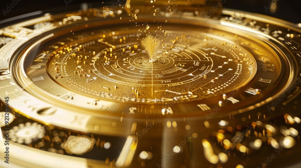 A mystical sand clock with astrological symbols and celestial motifs ...