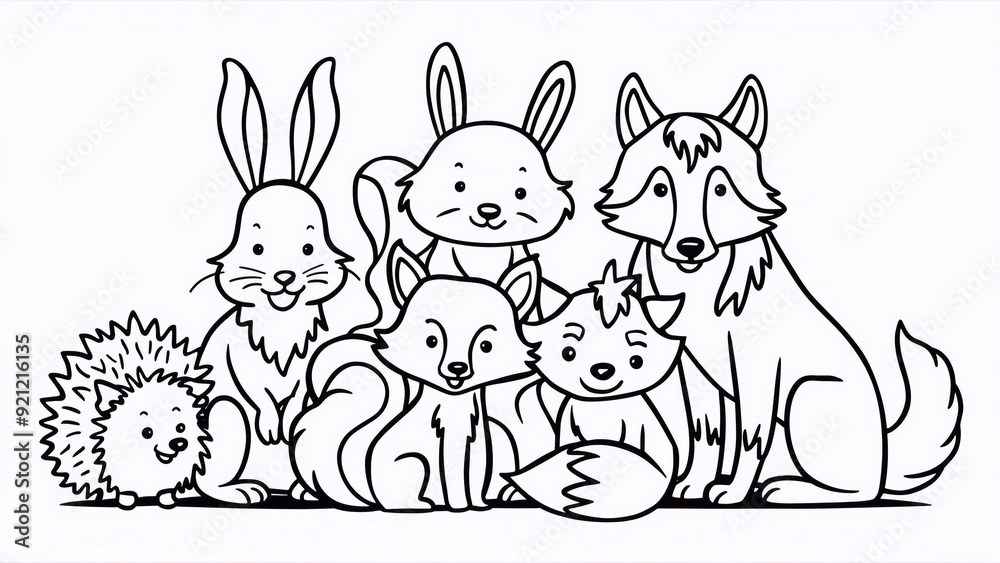 Coloring book for children. Cute forest animals: hare, squirrel, wolf ...