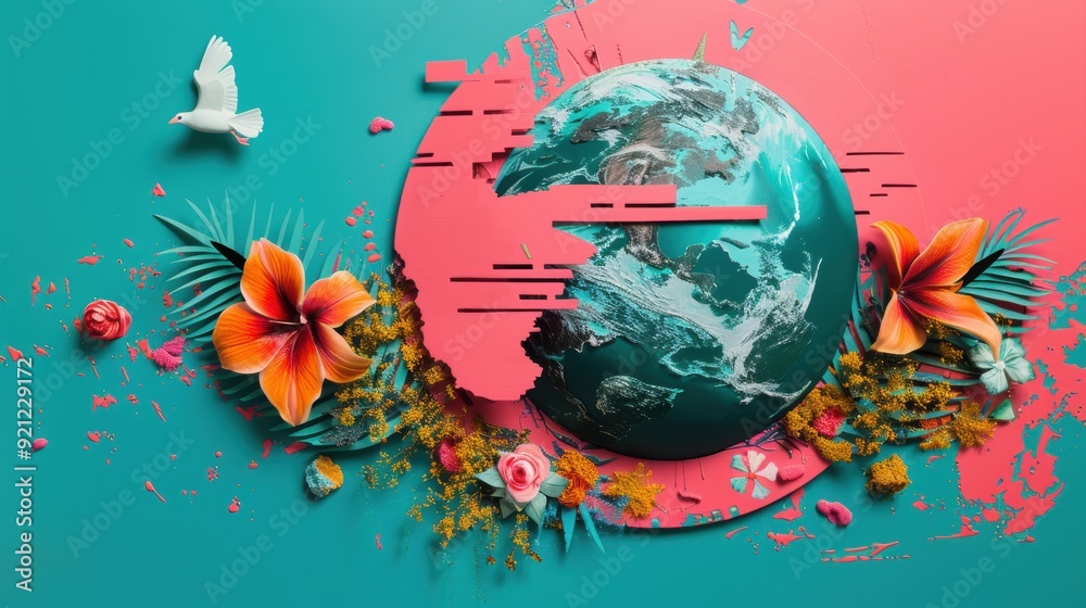 A haunting, abstract painting depicting a fragmented globe surrounded ...