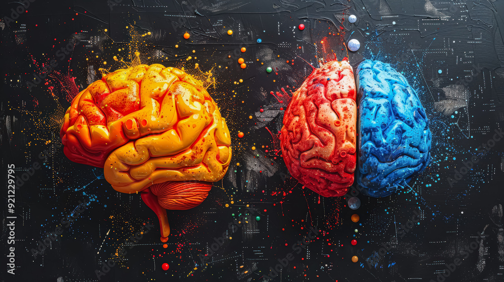 Two brains are shown in a colorful and abstract style. The brains are ...