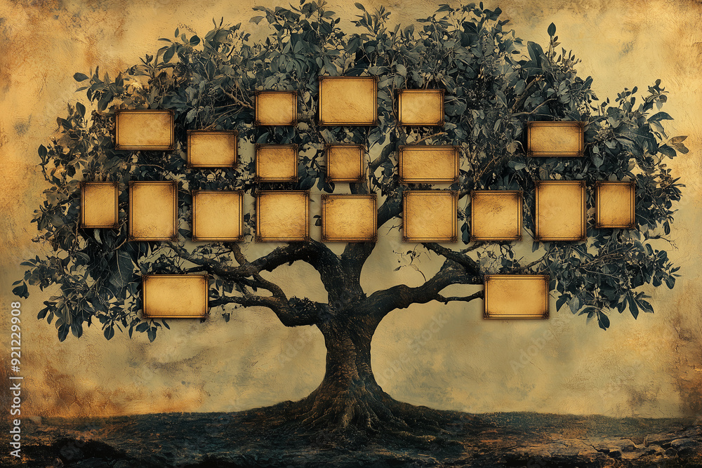 A wide strong family tree template with empty cells for user input text ...