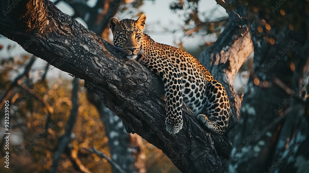 A leopard perched on a tree branch, its spotted coat blending with the ...