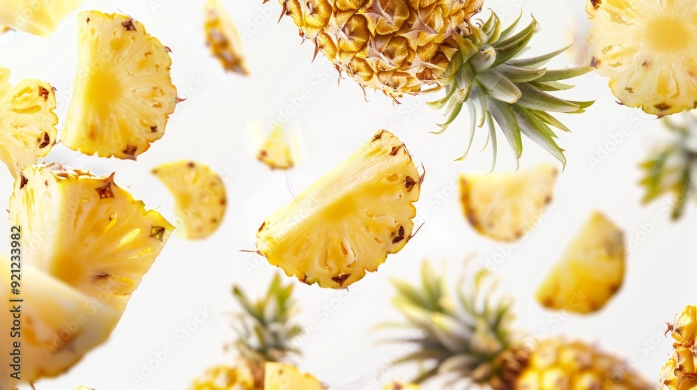 Pineapple slices and pineapple pieces levitating in air on white ...