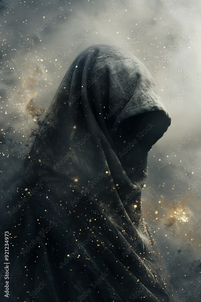 hooded man black cloak hood background afterlife astral interconnected ...