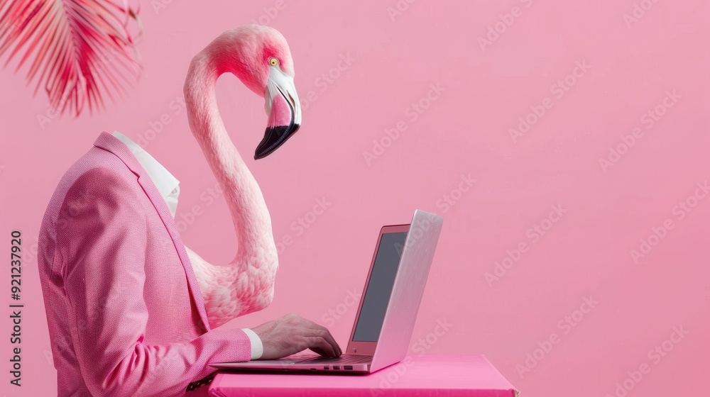 Flamingo bird in suit using a laptop while working on bright pastel ...