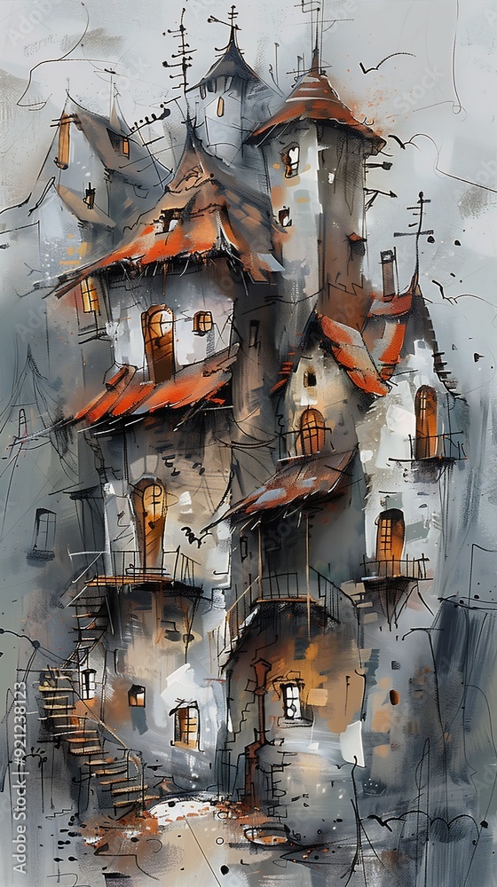 house staircase leading second floor orange roof abstract facades ...