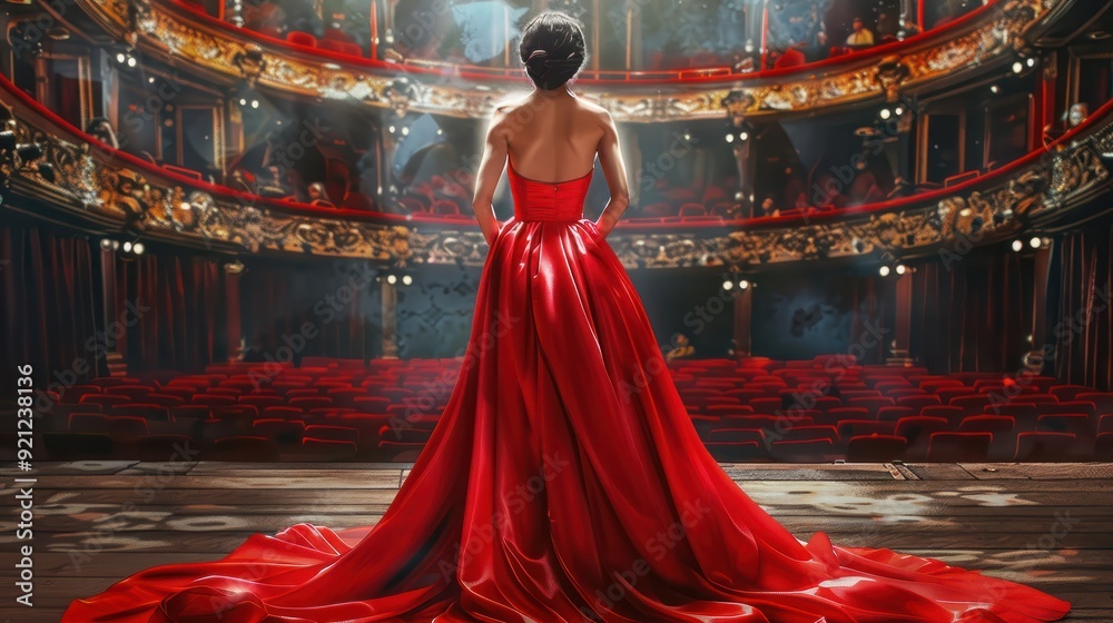 From the back of the concert hall stage, an opera singer in a stunning ...