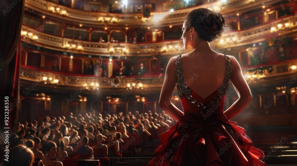 From the back of the concert hall stage, an opera singer in a stunning ...