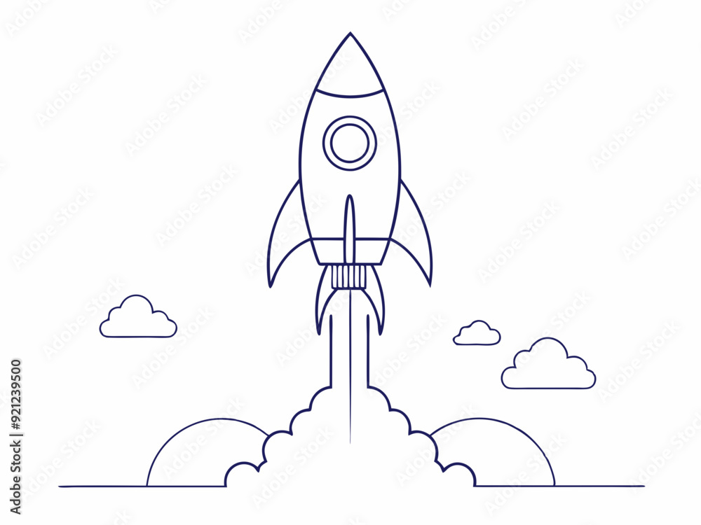 continuous single line drawing of rocket spaceship takeoff, rocket ...