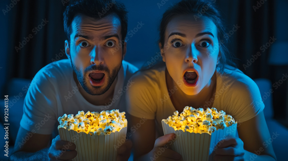 A thrilling couple reacts with surprise while enjoying a movie night ...