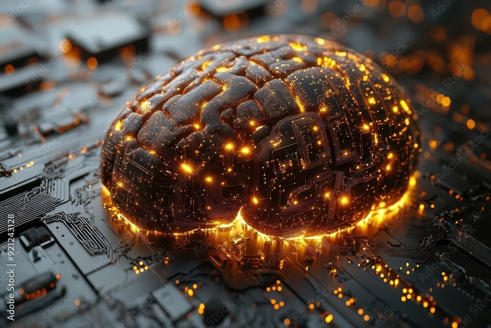 futuristic braincomputer interface visualized as a glowing neural network merging with circuit ...