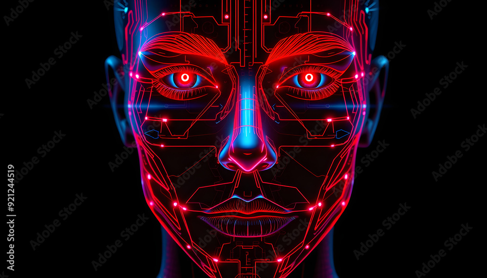 , Deepfake, A digital face with red and blue lines representing ...