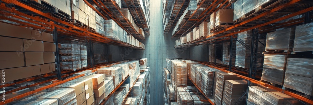 An aerial view of a warehouse with rows of shelves stocked with boxes ...
