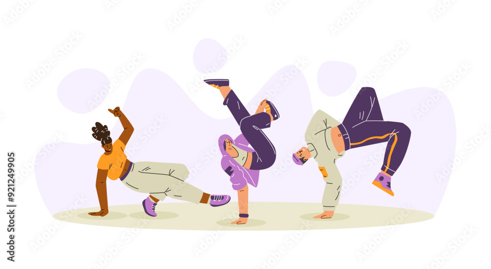 Break dancers handstands, vector breakdancer teenagers hip hop ...