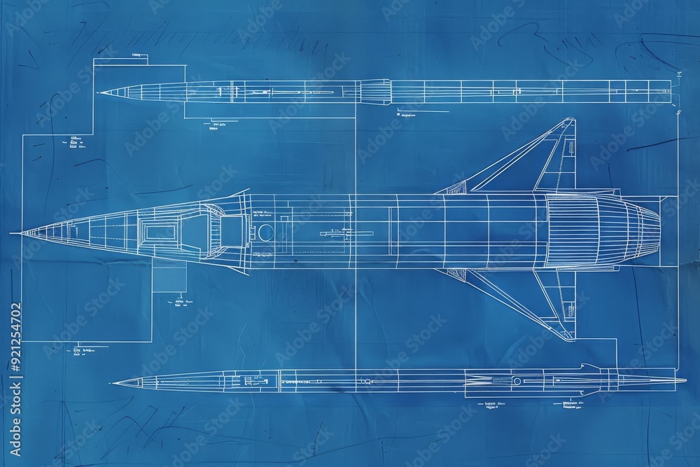 on blue paper, technical diagram of the supersonic ballistic missle ...