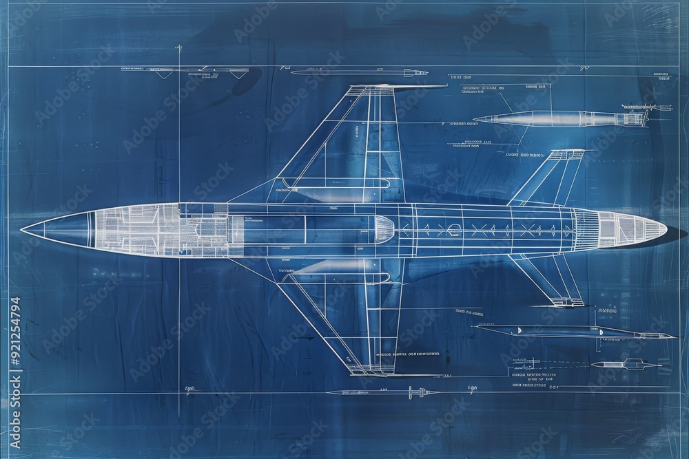 on blue paper, technical diagram of the supersonic ballistic missle ...