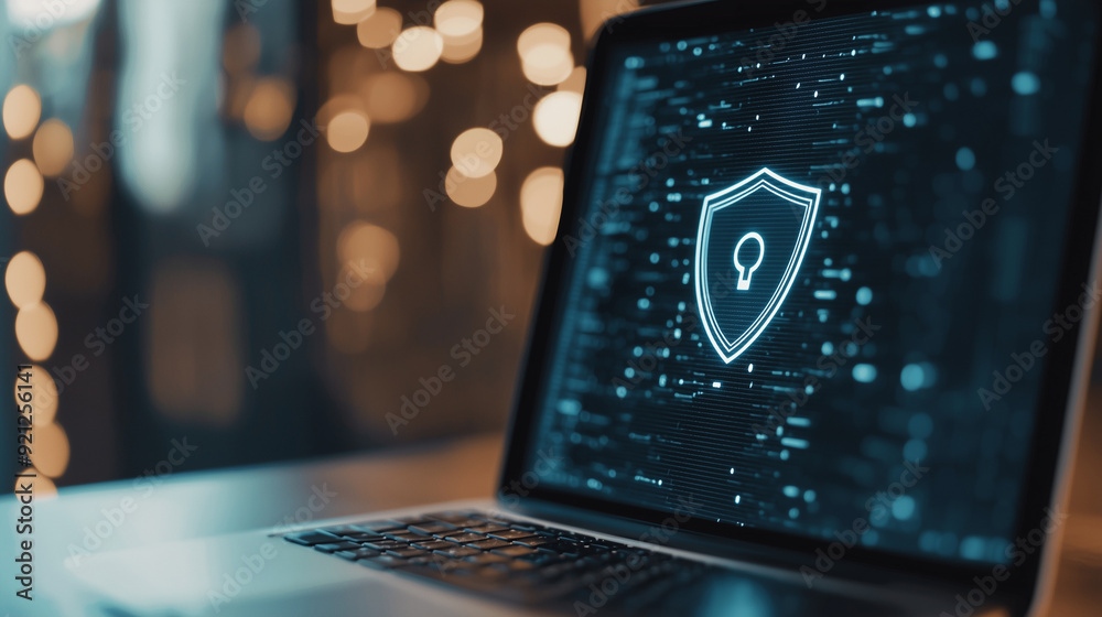 Cybersecurity-themed digital artwork featuring a shield and diverse security icons on a laptop ...