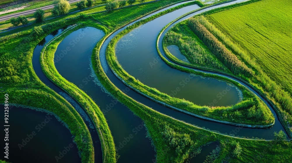 Aerial shot of a duck farm's drainage system, with clean and clear ...
