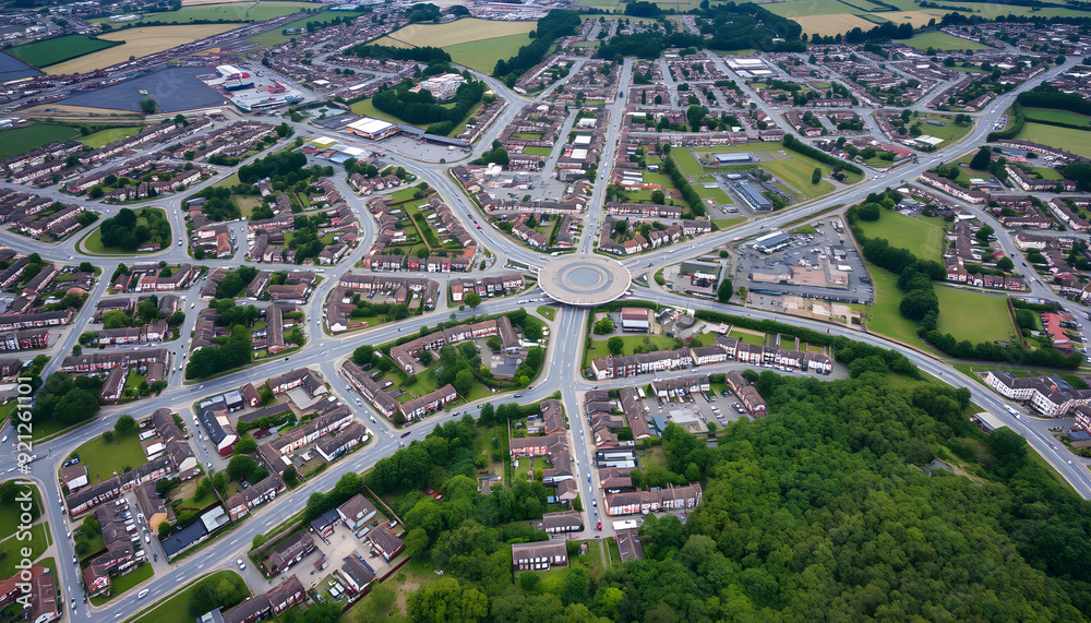 Aerial orbital view showcasing Holsworthy town centre's layout ...
