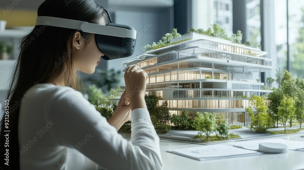 Asian female architect using VR technology to create a 3D model of a ...