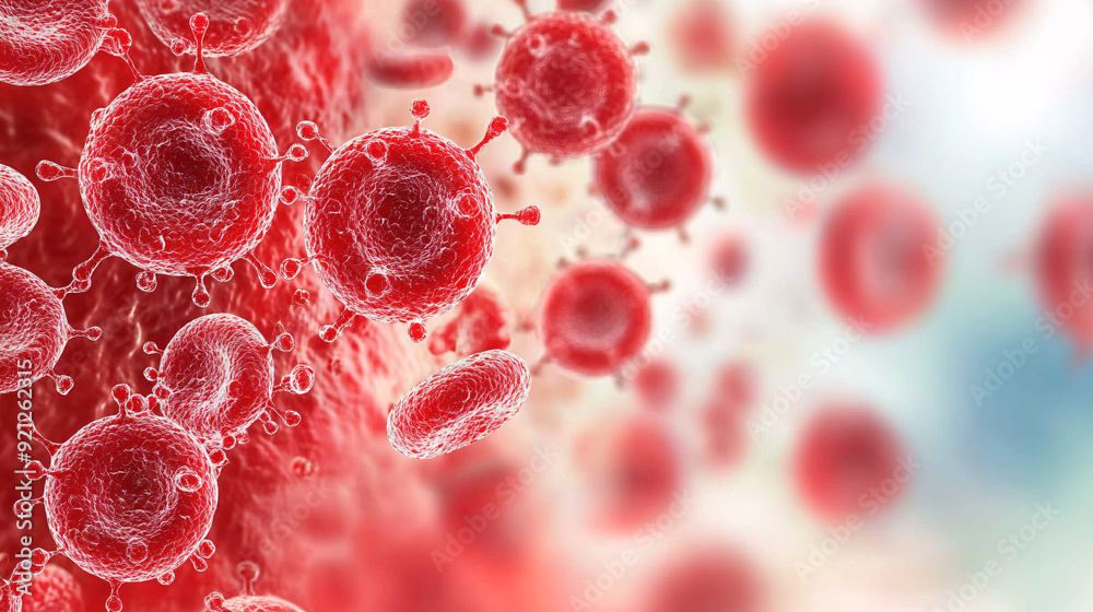 A close up of red blood cells with a blurry background. Concept of ...