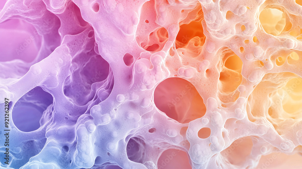 A colorful, abstract image of a tissue with holes in it. The colors are ...