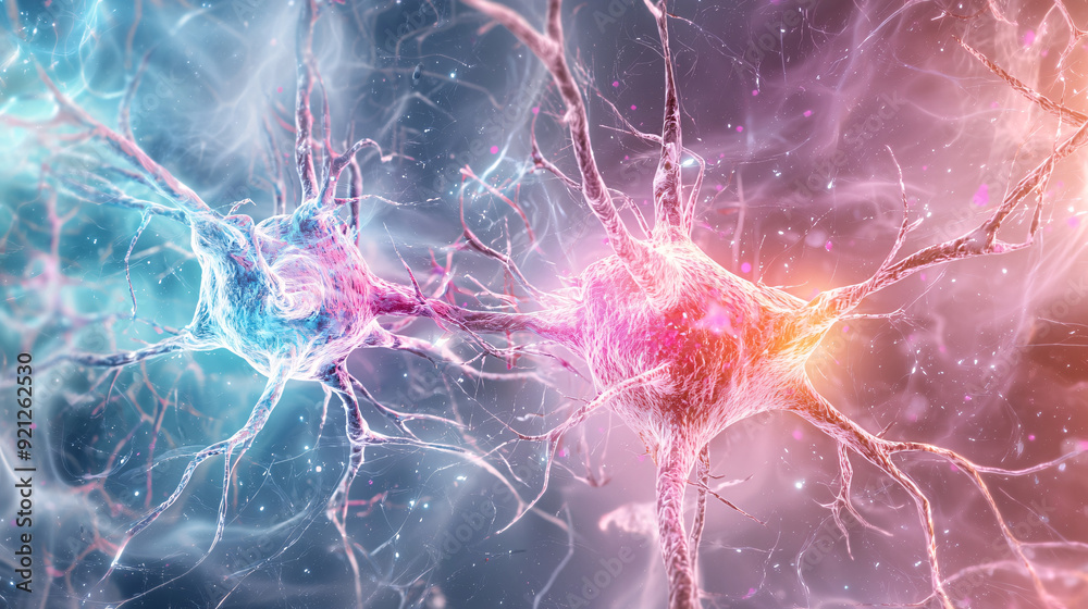 Two colorful neurons are shown in a space with a blue background. The ...