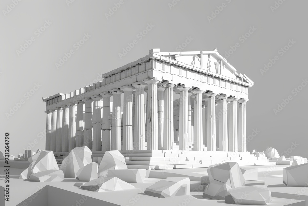 A detailed 3D model showcasing the grandeur of an ancient Greek temple, resembling the iconic ...