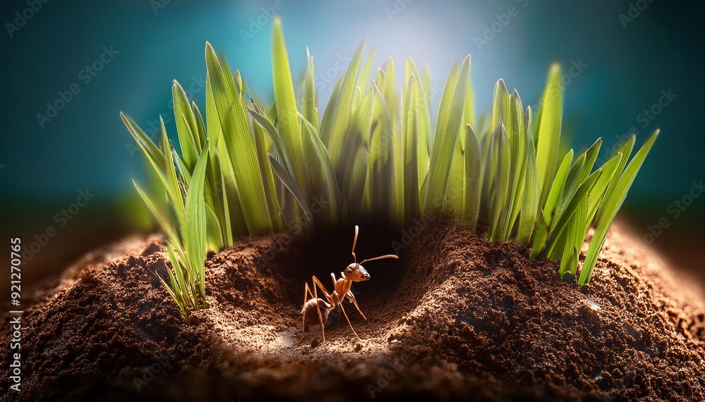Tiny scale view inside an anthill. there are leaves and you can see the ...
