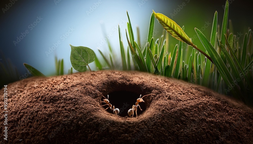 Tiny scale view inside an anthill. there are leaves and you can see the ...