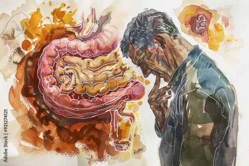 Watercolor painting featuring a man with a stomach ache, expressing ...