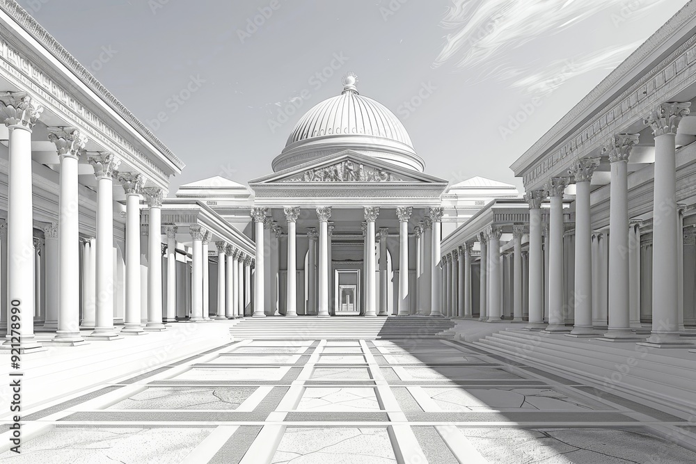 3D rendering of a grand neoclassical palace featuring imposing columns ...