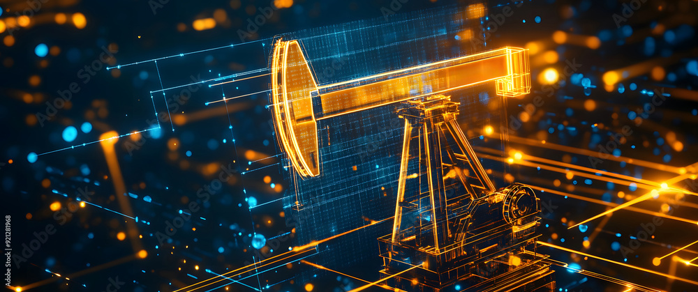A digital yellow drilling rig machine with a glowing data stream ...