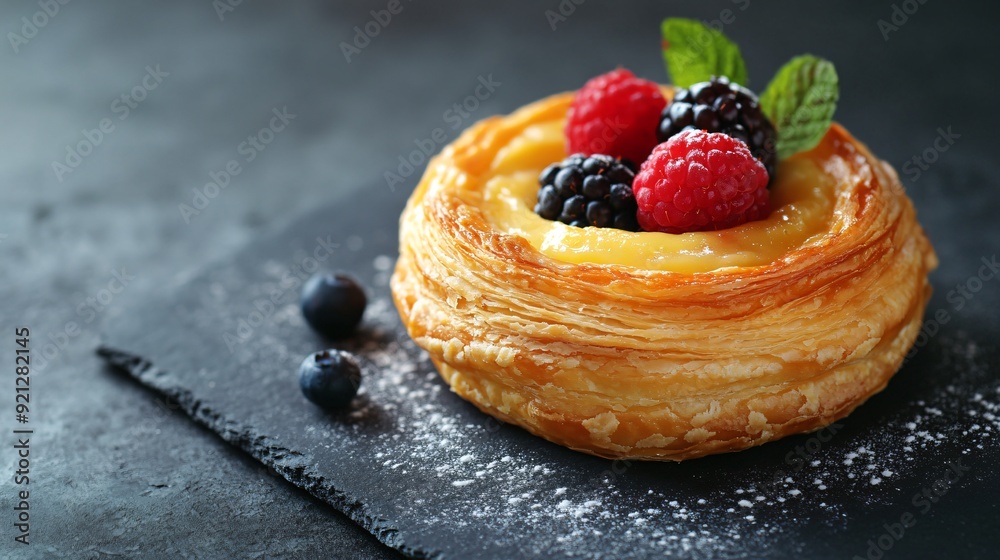 A golden puff pastry with a creamy custard filling, resting on a dark ...