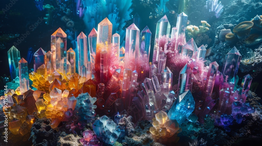 Floating Crystal Reef: A coral reef with floating crystal structures ...