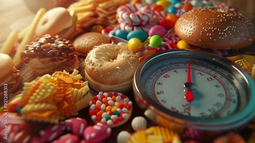 Junk food, represented as unhealthy snacks on a scale shaped like a ...