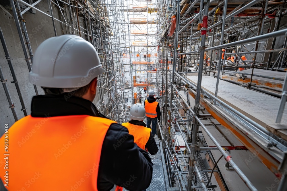 Workers in safety helmets and reflective vests examine scaffolding ...