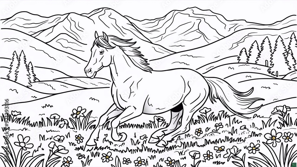 Coloring page for children and adults. A horse on a beautiful meadow ...