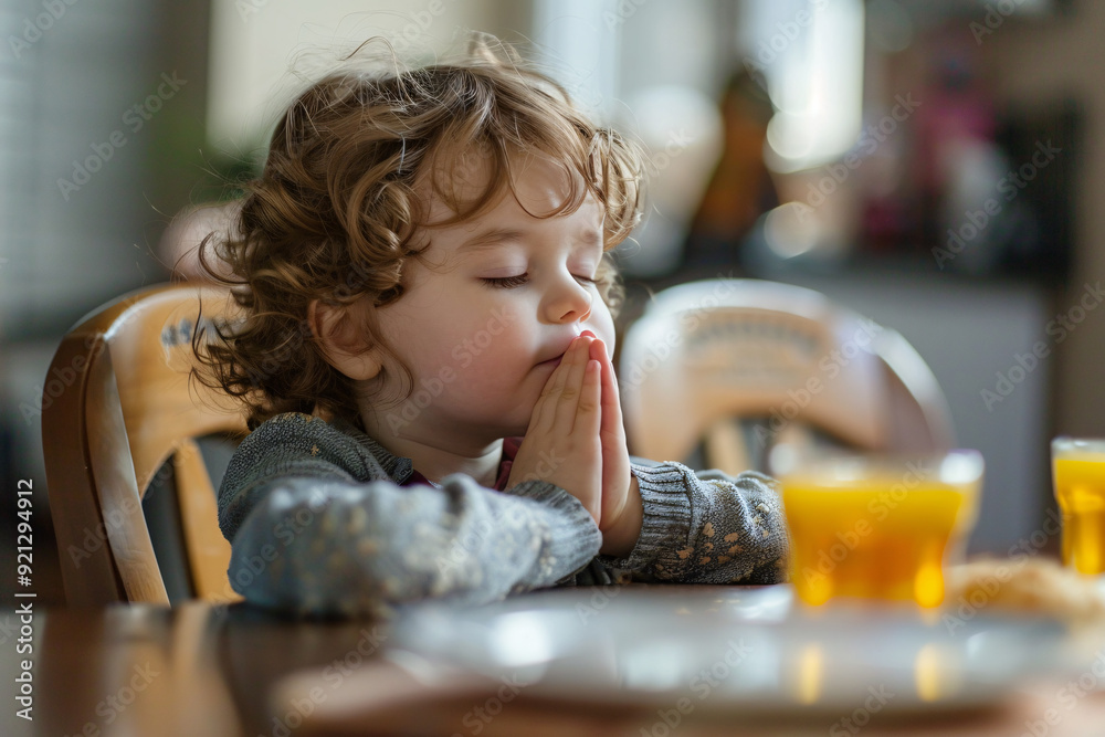 Young boy child praying at kitchen table before meal Stock Photo ...