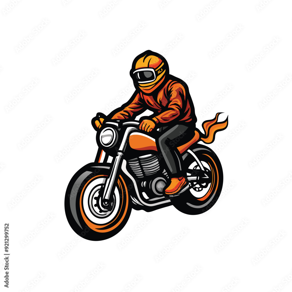 Illustration of a motorcycle rider in full gear riding a custom ...