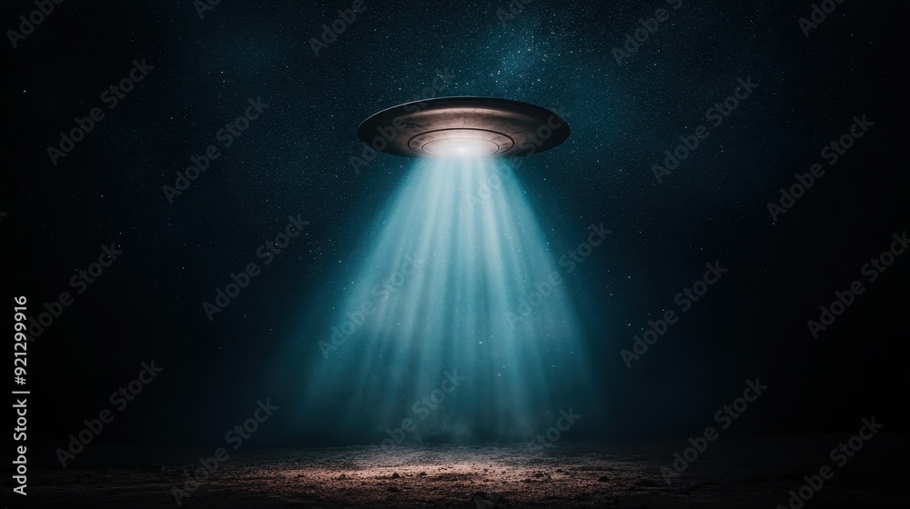 A UFO casting a bright beam of light onto the ground during the night ...