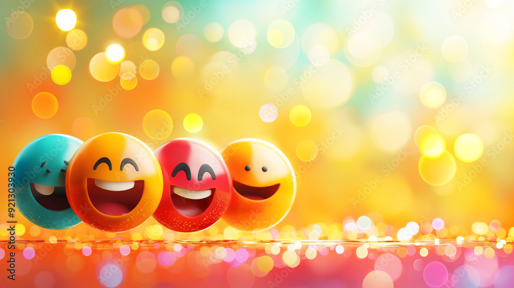 Colorful smiling emoticons on a bright background with space for text ...